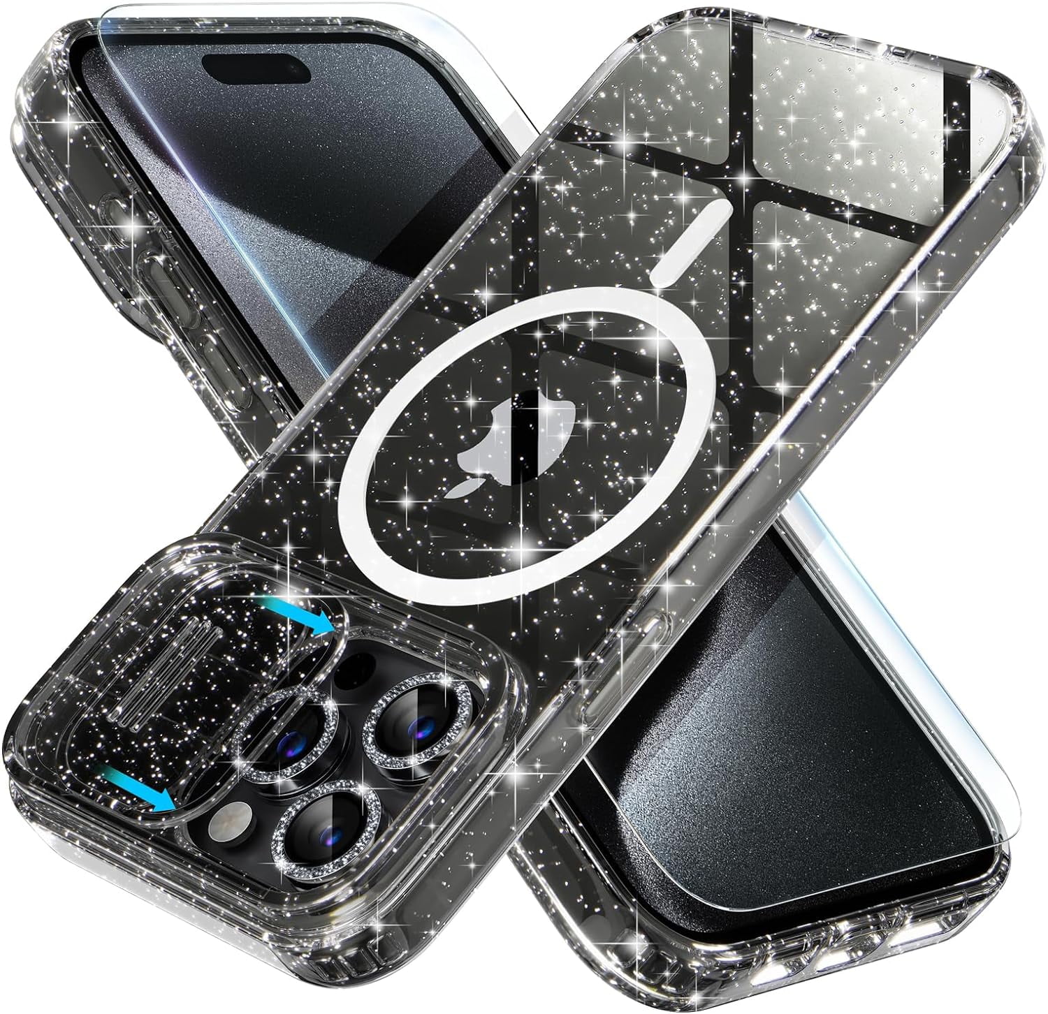 Magnetic Case for iPhone 15 Pro Case, Women Clear Glitter Sparkly Case ...