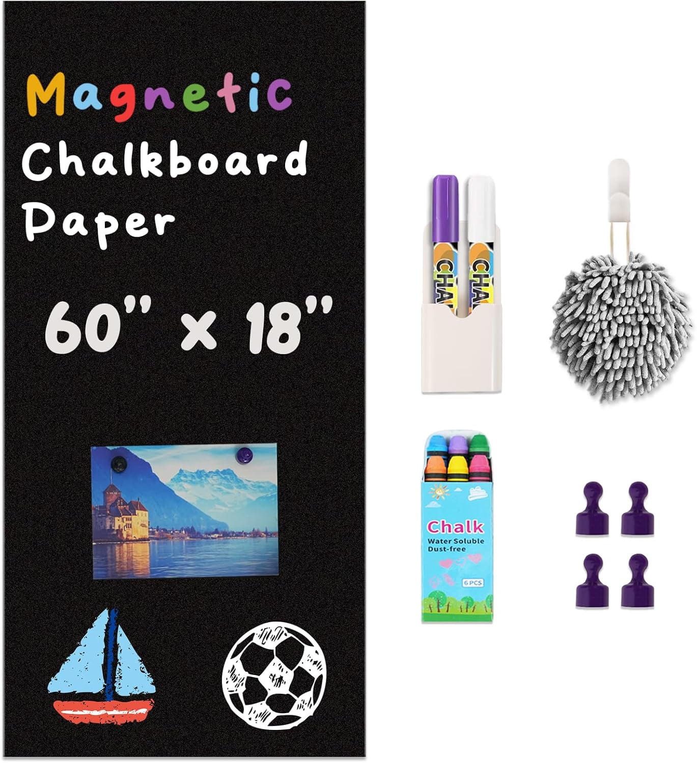 Magnetic Chalkboard Contact Paper for Wall 60" x 18" Self Adhesive Blackboard Wallpaper Peel and ...