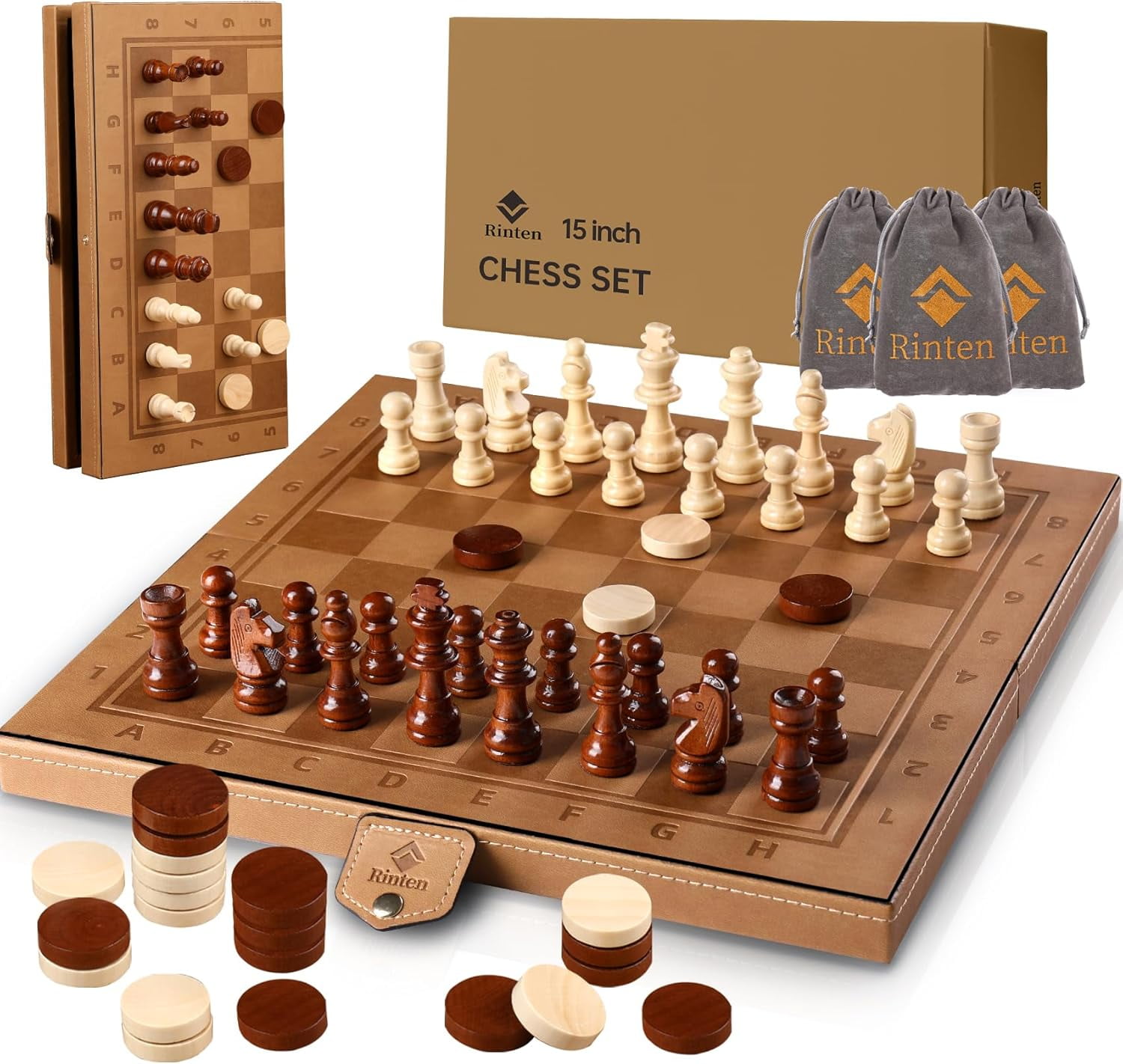 Magnetic Chess Set & Checkers Set ，Rinten Leather Portable Travel Chess ...