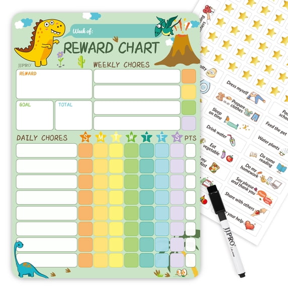 "JJPRO Dinosaur Magnetic Chore Chart: Dry Erase, 26 Tasks, 63 Stars, 8. ...