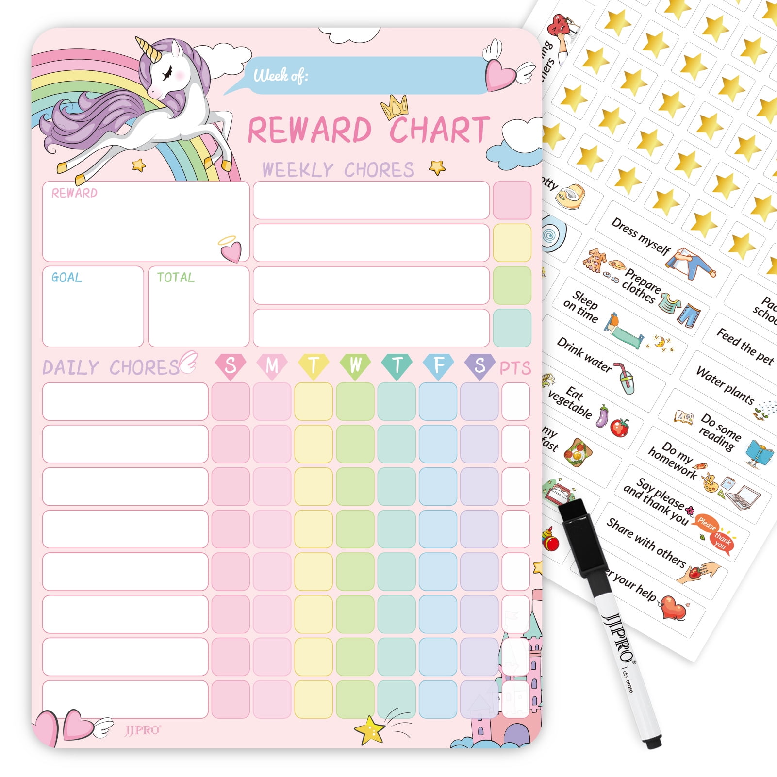 JJPRO Unicorn Magnetic Chore Chart, Dry Erase, with 26 Tasks & 63 Stars ...