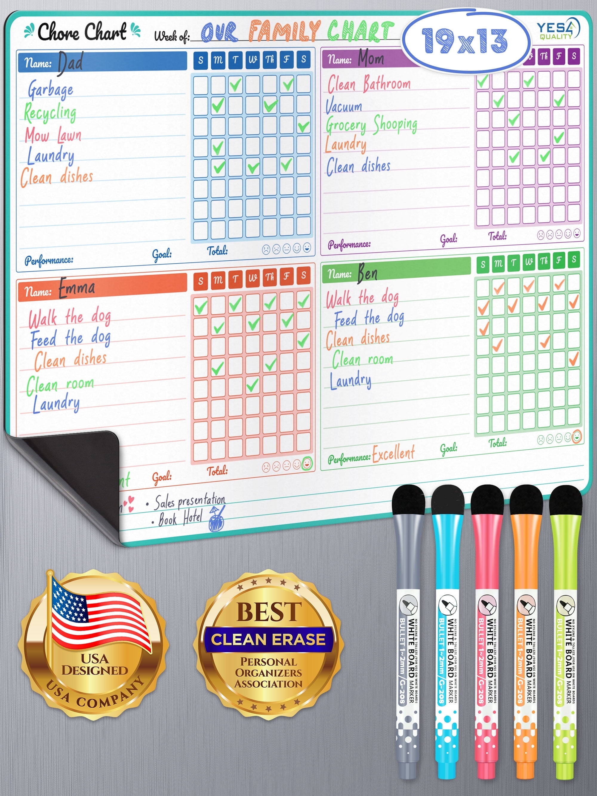 Magnetic Chore Chart, 4 Person 13"x19" Household Organizer, Reusable ...