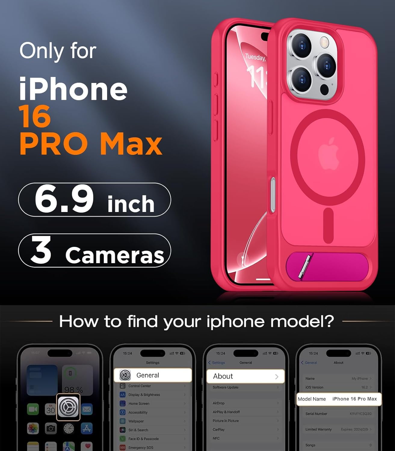 Magnetic Compatible with iPhone 16 Pro Max Case, [Built-in Invisible Kickstand][Compatible with ...