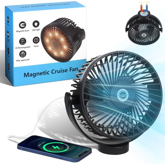 Magnetic Cruise Fan with 8000mAh Recharable Battery, LED Light, Timer ...