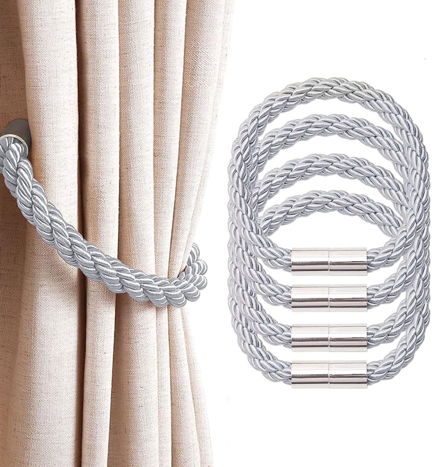 "Magnetic Curtain Tiebacks 4 Pack, Grey, Polyester Fabric, Woven ...