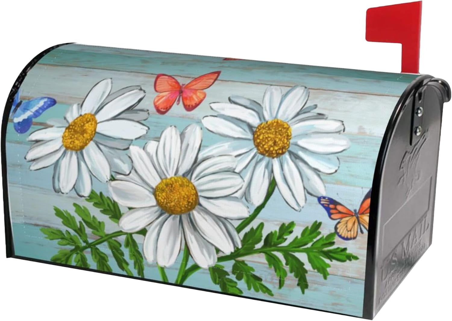 Magnetic Daisy Flowers & Butterfly Mailbox Cover, Rustic Wooden Board ...