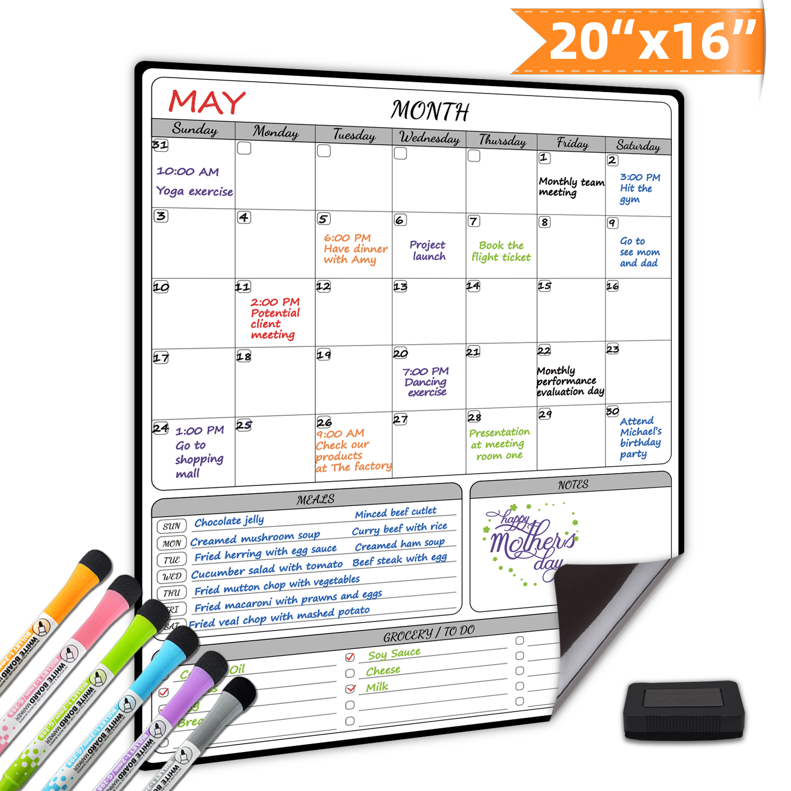 Large Dry-Erase Magnetic Weekly Calendar + Free Bonus: 3 Grocery/to-Do ...