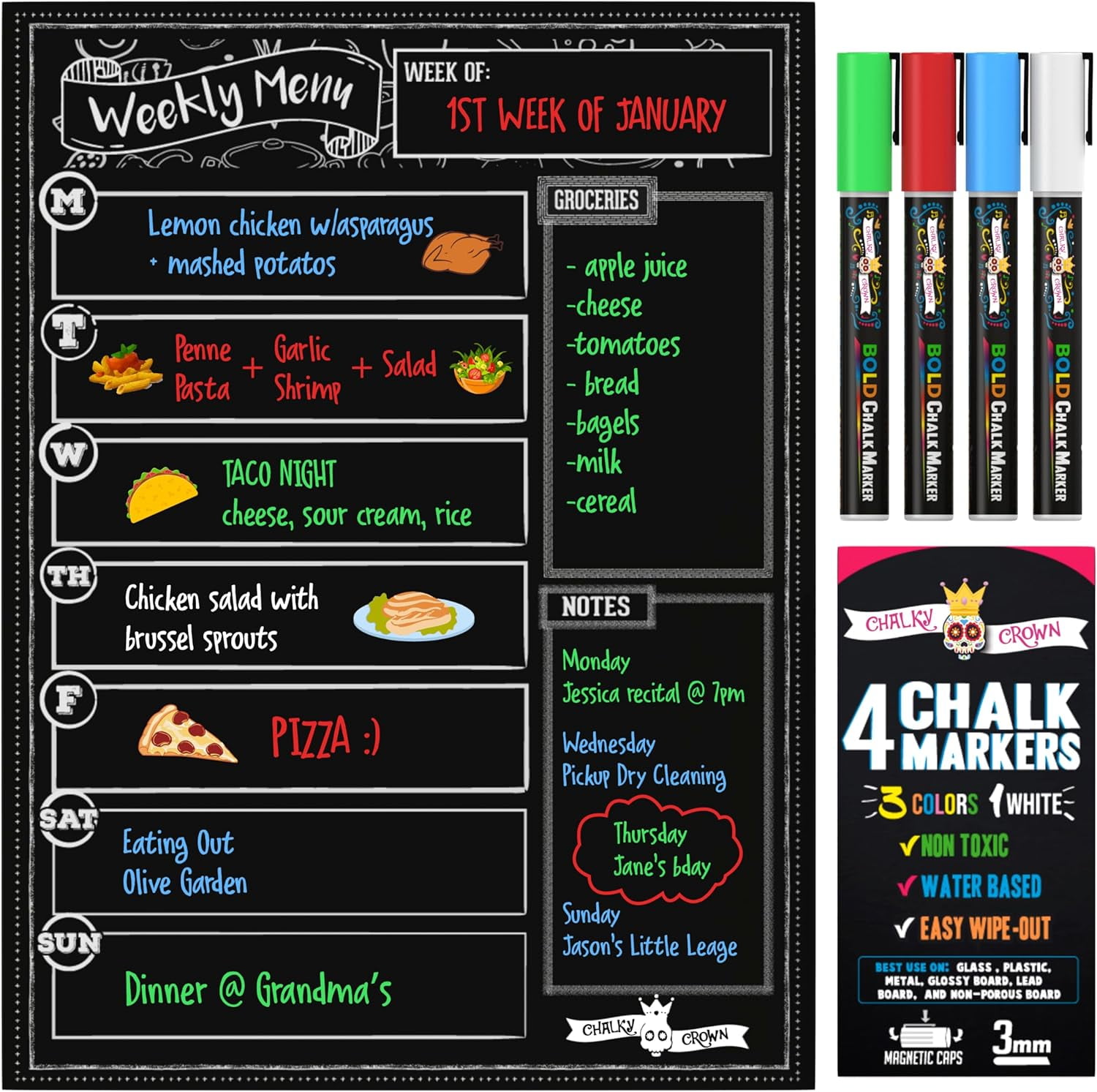 Magnetic Dry Erase Menu Board for Fridge Includes 4 Liquid Chalk ...