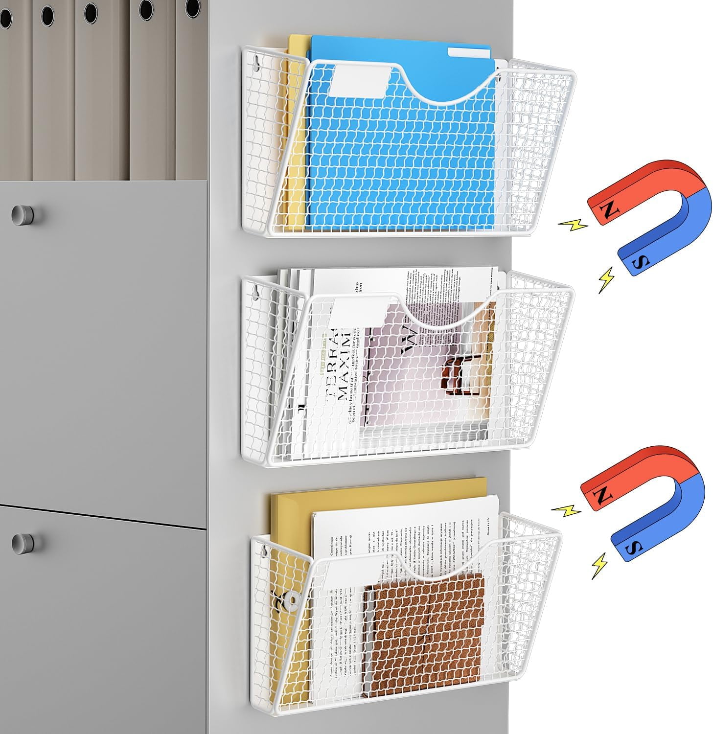 Magnetic File Holder, 3 Pockets Wall File Folders Holder No Drilling ...