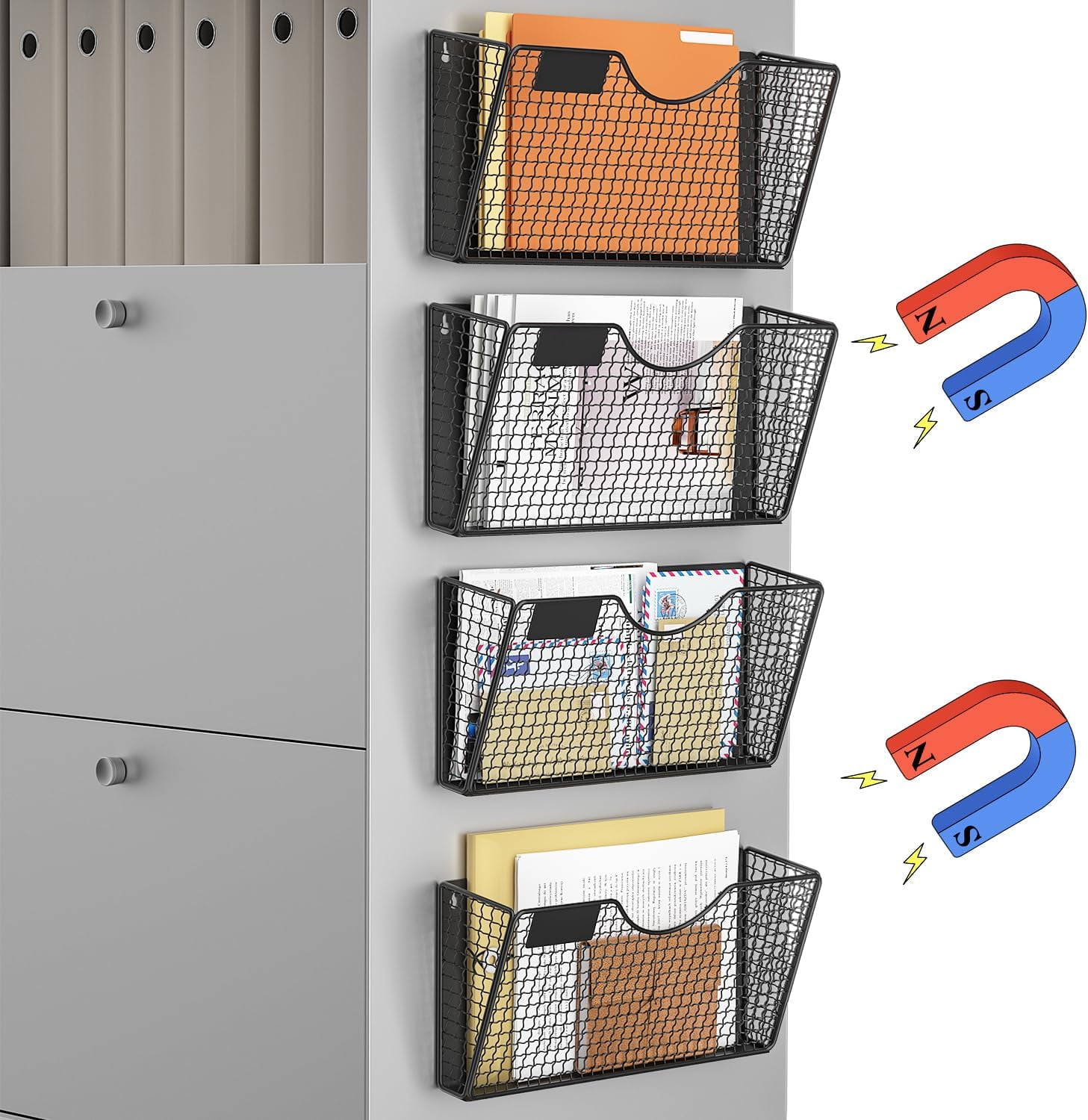 Magnetic File Holder, 4 Pockets Magnetic File Folder Holder No Drilling ...