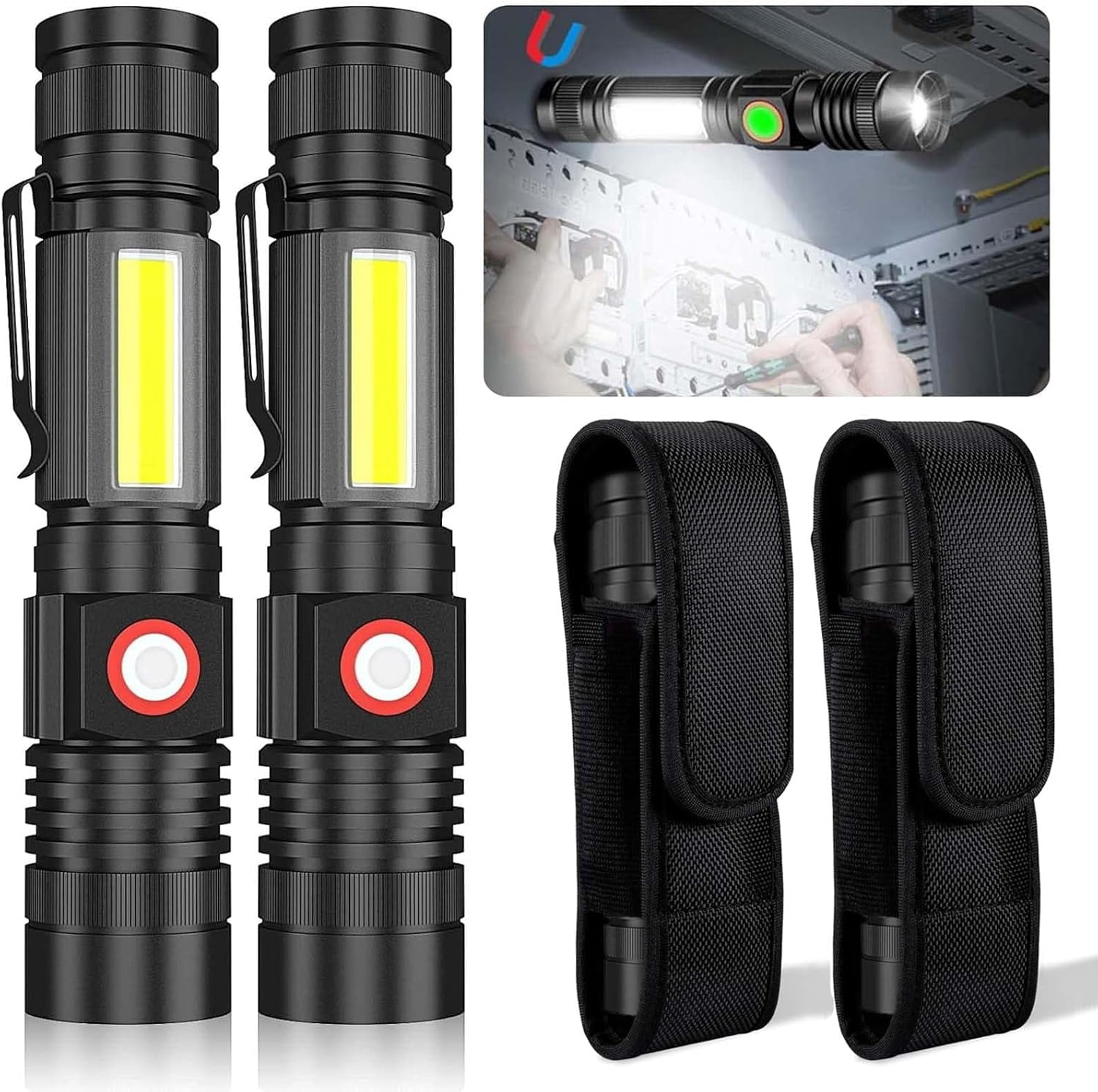 Magnetic Flashlights High Lumens Rechargeable 2 Packs,Super Bright LED ...