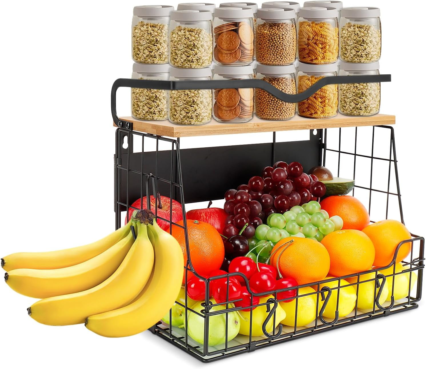 Magnetic Fridge Organizer Basket with Wood Shelf, Large Fruit Vegetable ...