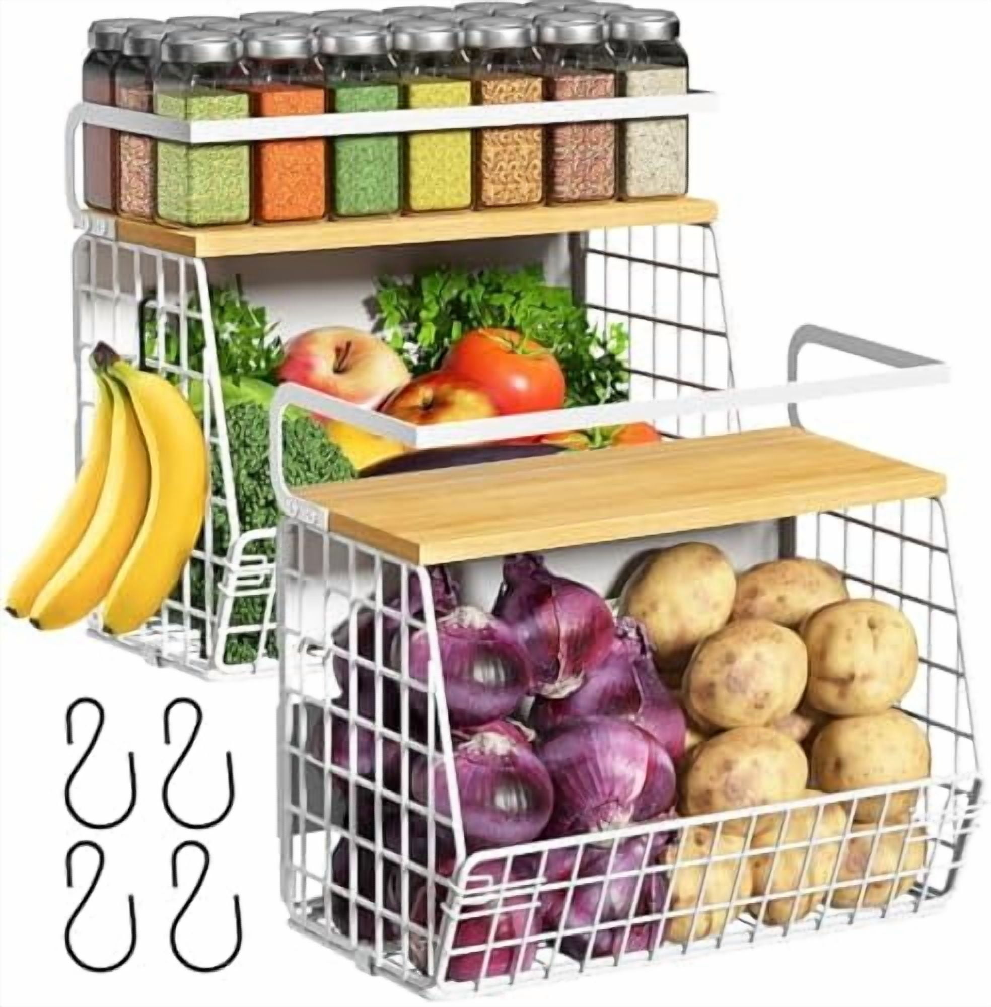 Magnetic Fridge Shelf with Wood Lid, Fruit Potato Onion Storage Bins, Pantry Organizers, Large ...