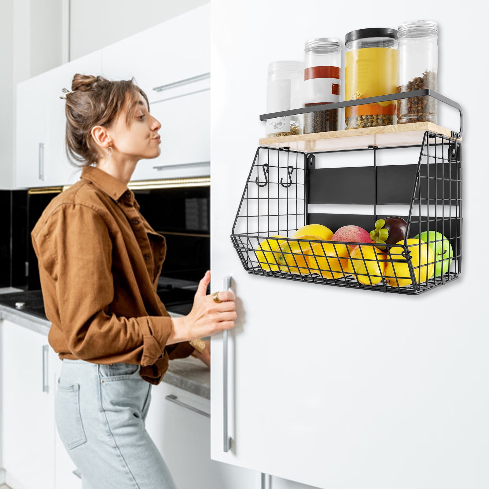 Magnetic Fridge Shelf with Wood Lid Large Capacity Magnetic Spice Rack ...