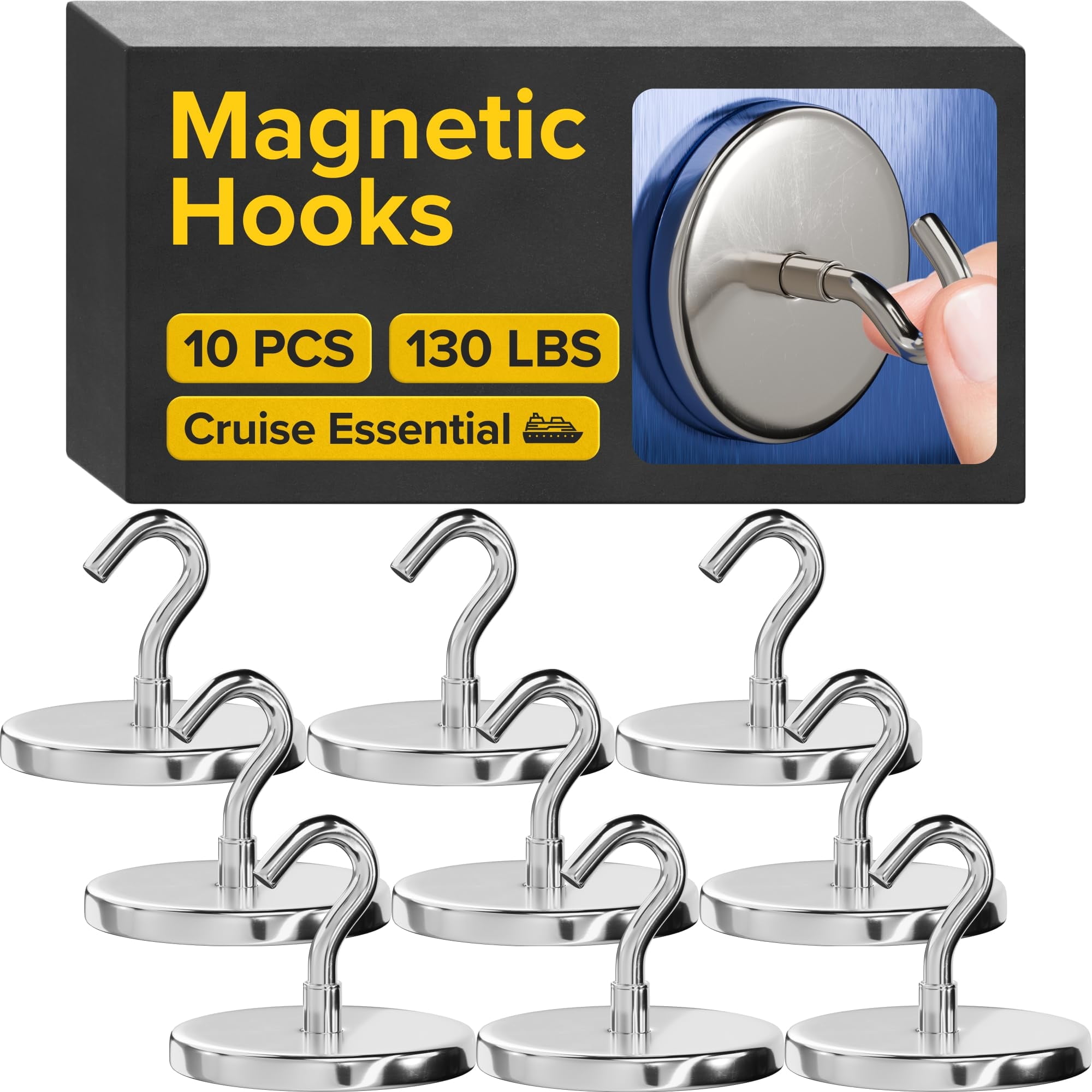 Magnetic Hooks 130 LBS (Pack of 10 Silver) - Heavy Duty Neodymium Hooks ...