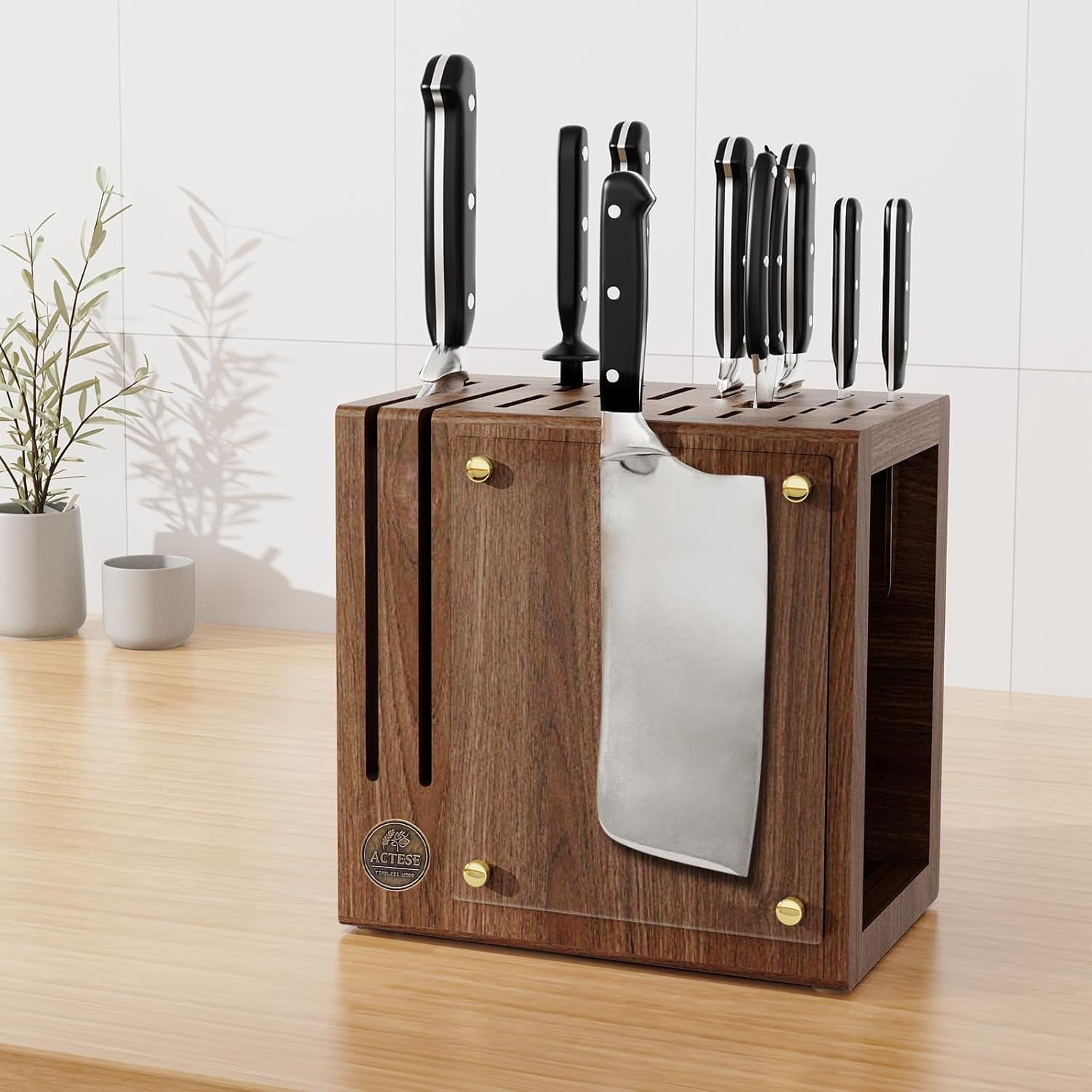 Magnetic Knife Block with Glass Cover, Universal Walnut Wood Knife ...