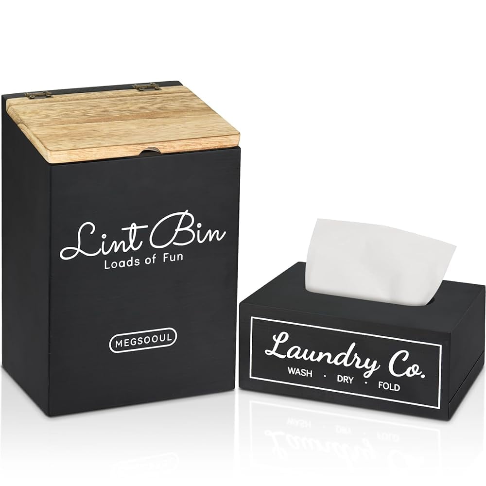 Magnetic Lint Bin and Dryer Sheet Holder Set for Laundry Room, Wooden ...