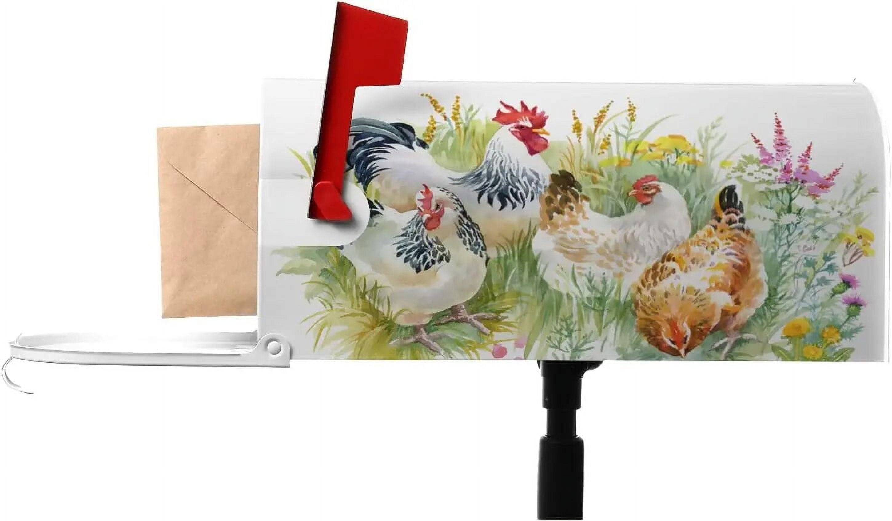 Magnetic Mailbox Cover Hens and Rooster in Floral Grass Post Box Cover ...