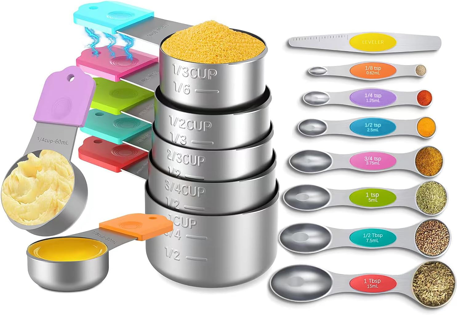 Magnetic Measuring Cups and Spoons Set, 7 Nesting Stainless Steel ...