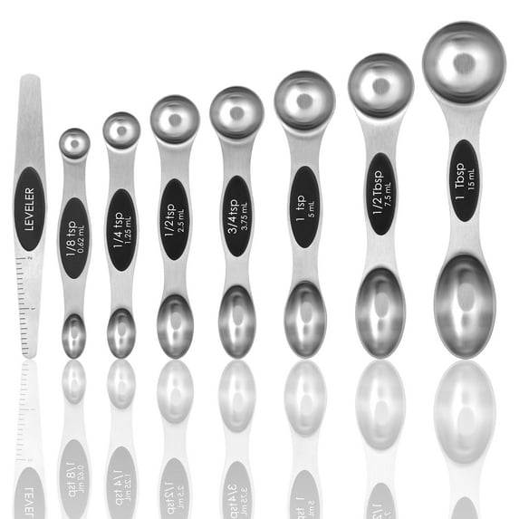 Magnetic Measuring Spoons Set of 8 with Leveler, Stainless Steel Metal Measuring Spoon, Dual ...