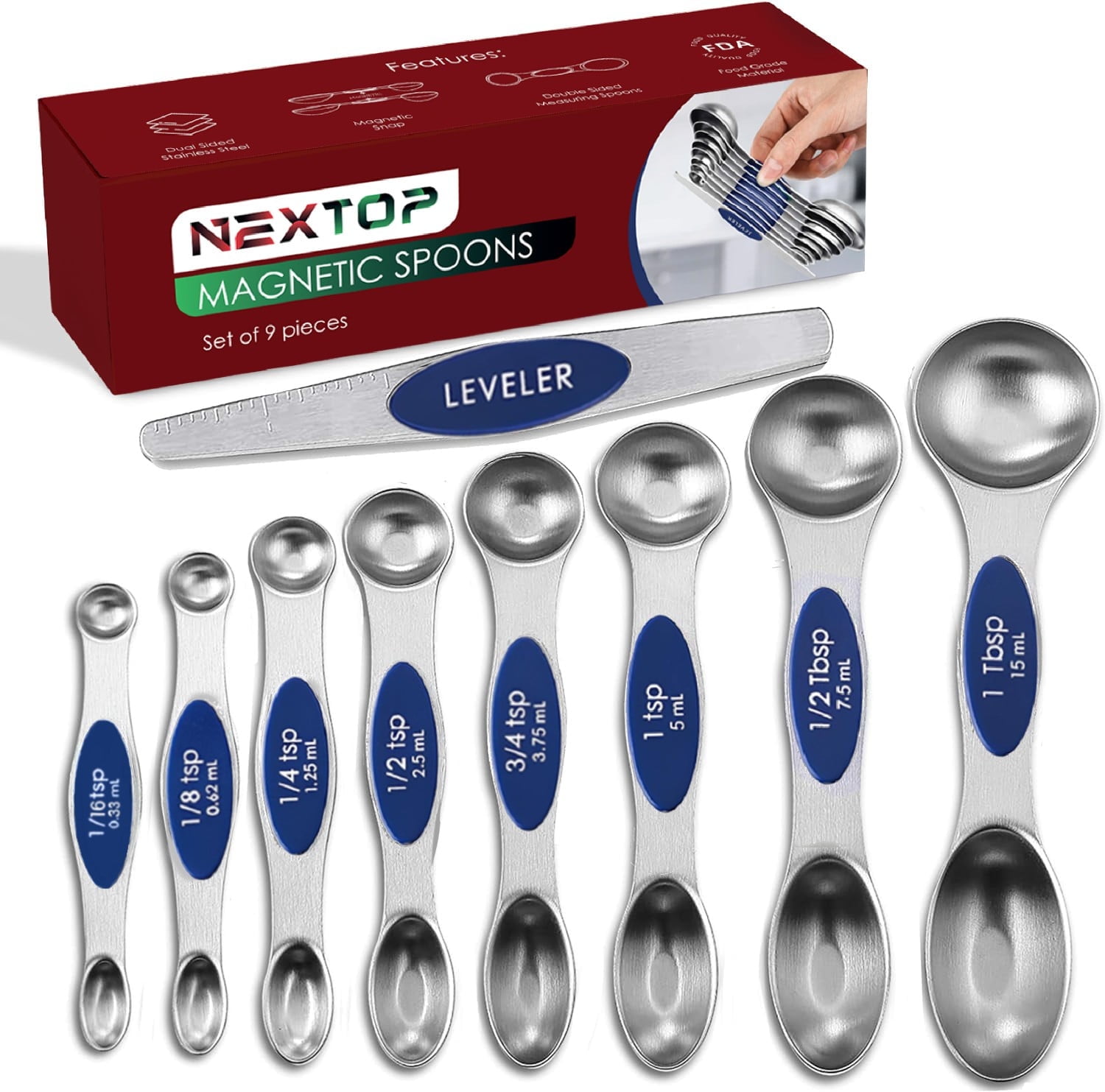 NEXTOP Magnetic Measuring Spoons Set of 9, Stainless Steel, Dual-Sided ...
