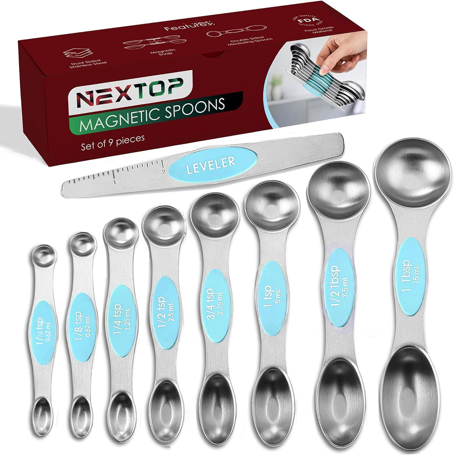 NEXTOP Magnetic Stainless Steel Measuring Spoons Set 9-Piece Dual-Sided ...