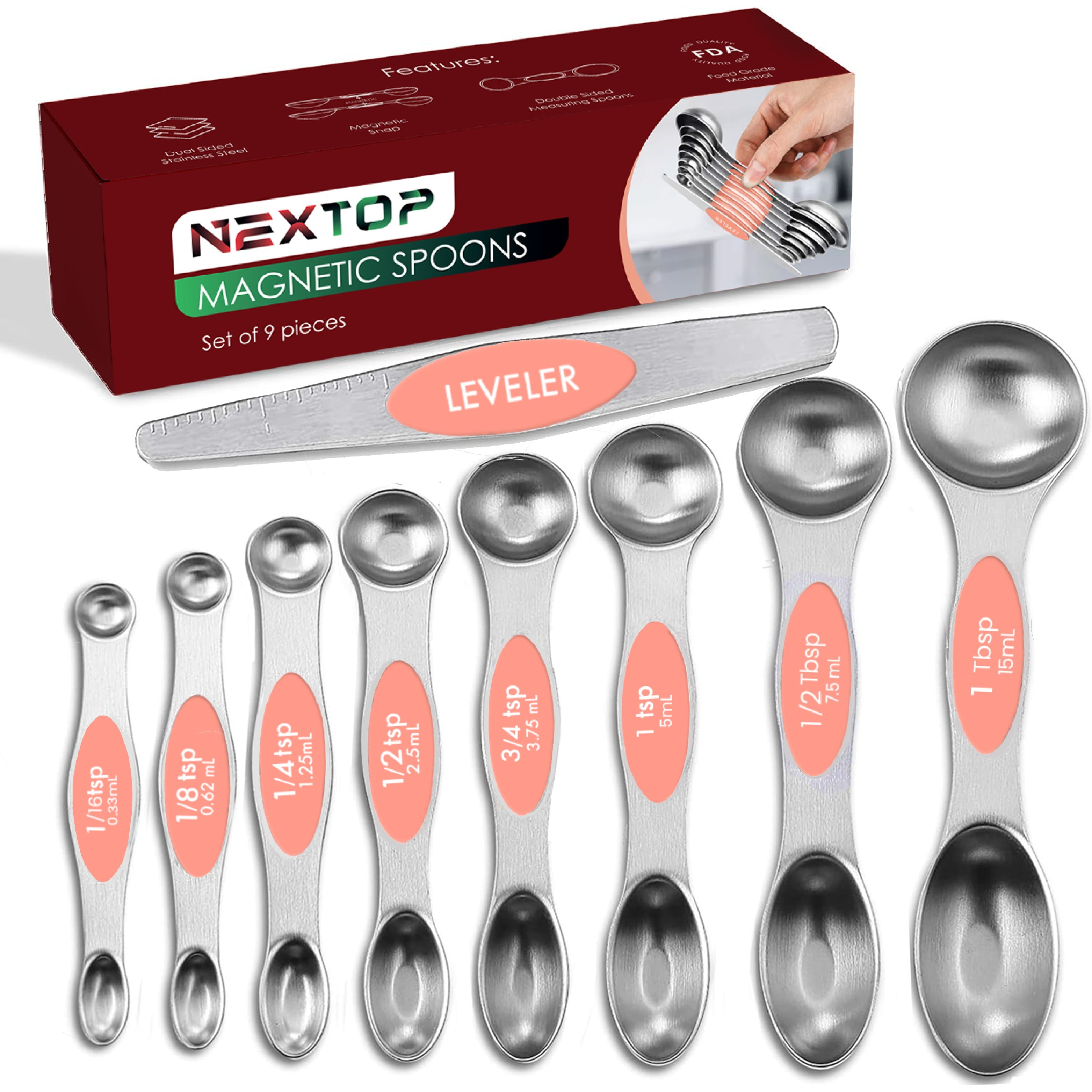 NEXTOP Magnetic Measuring Spoons 9-pcs, Stainless Steel, Stackable ...
