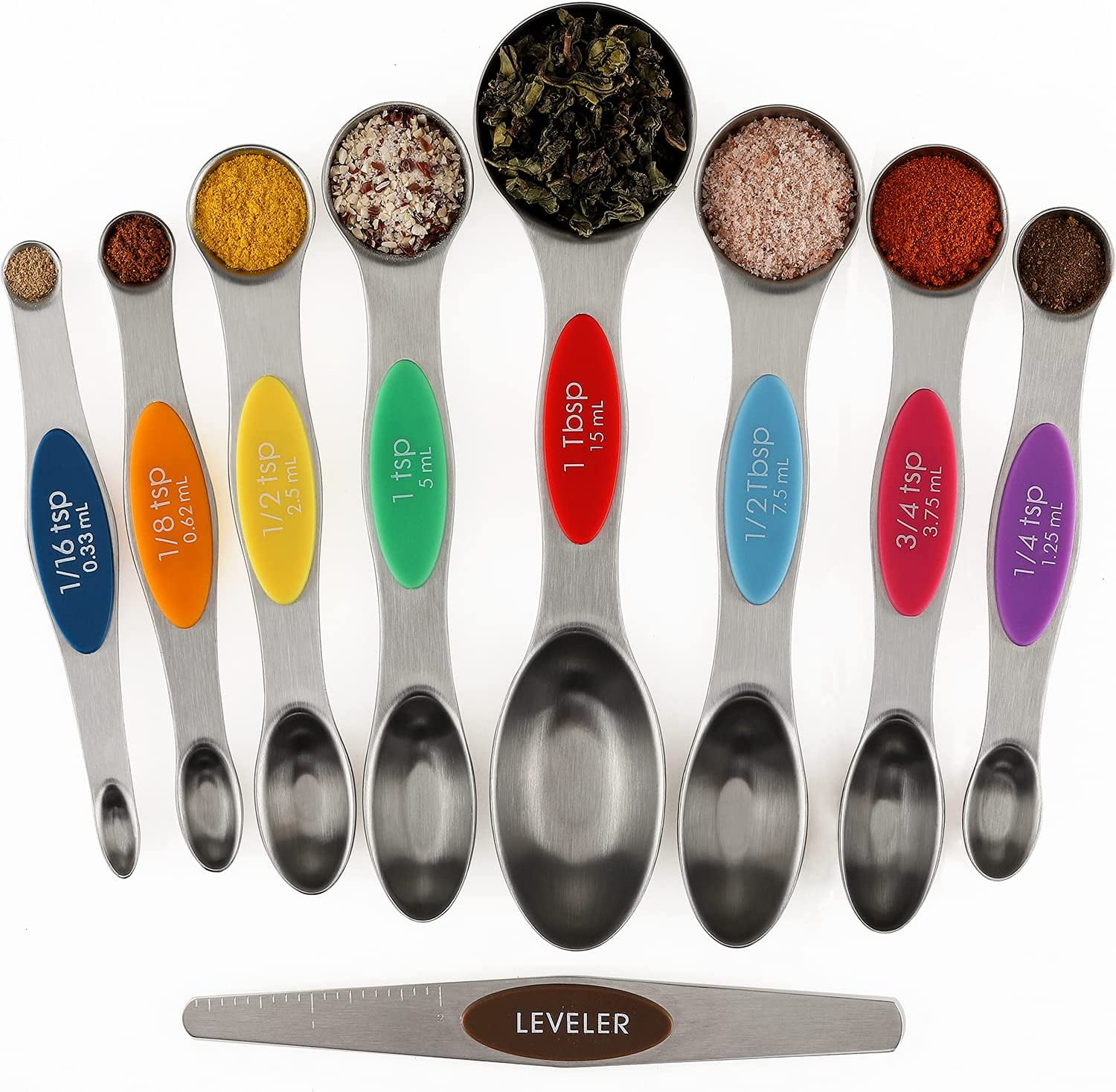 Magnetic Measuring Spoons Set of 9 Stainless Steel Stackable Dual Sided ...