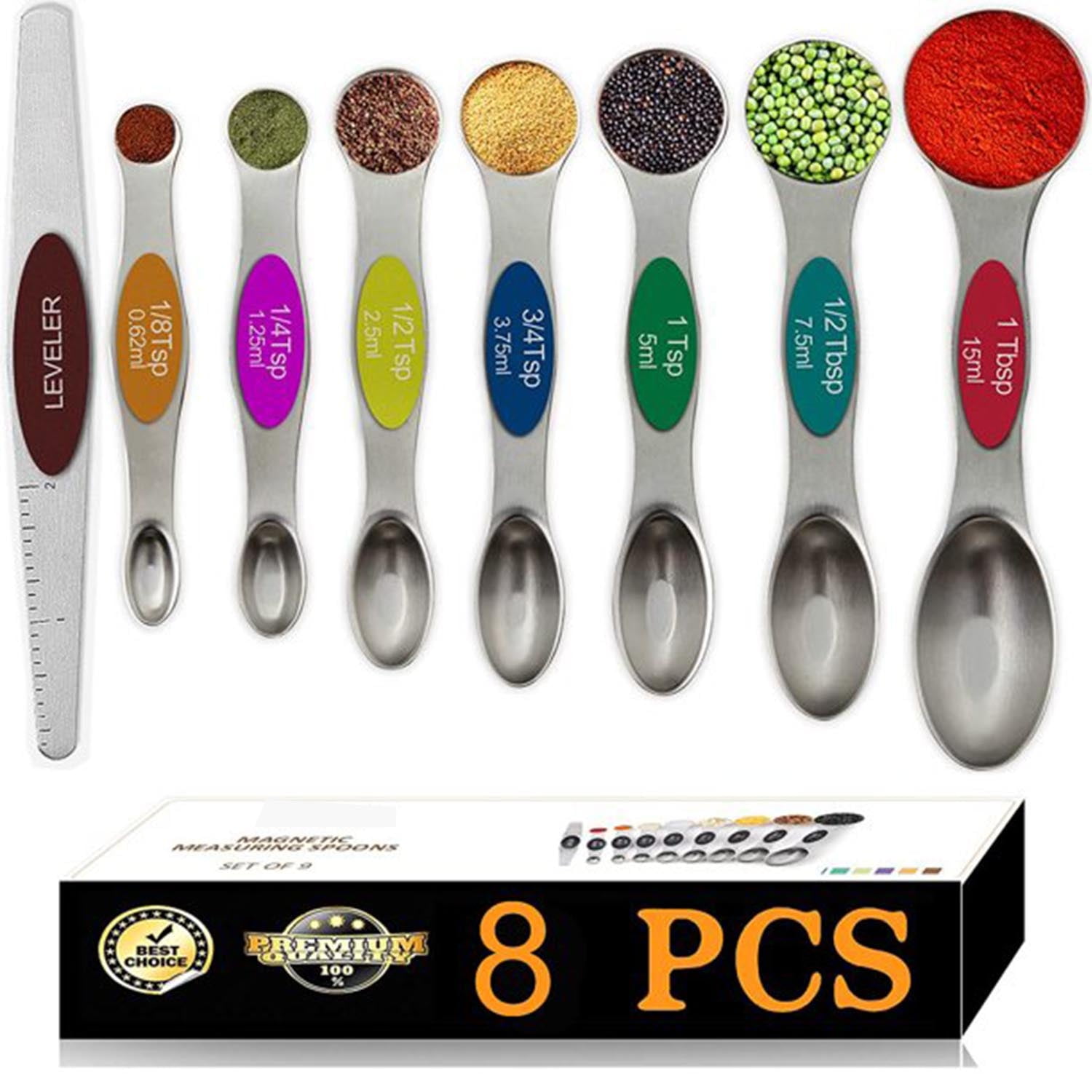 8-Piece Multicolor Stainless Steel Magnetic Measuring Spoons Set, Dual ...