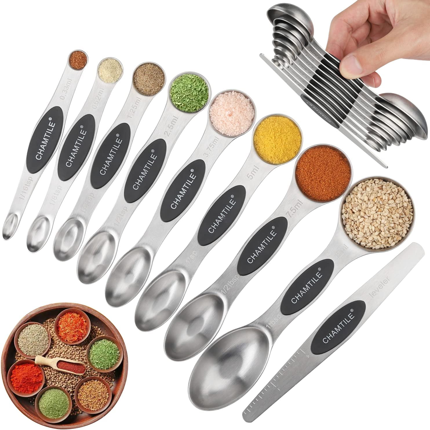 Magnetic Measuring Spoons Set Of 9 Stainless Steel Dual Sided Stackable ...