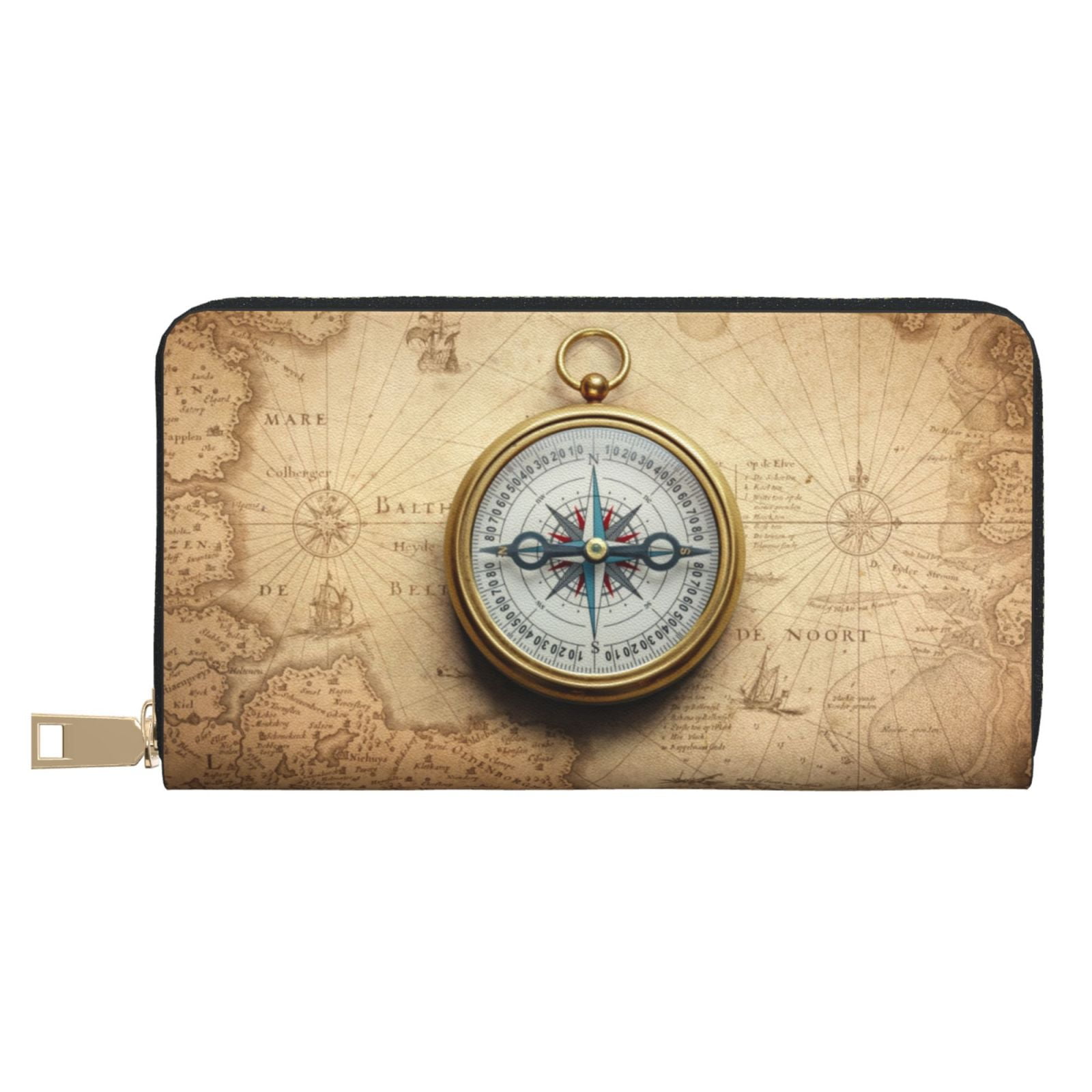 Magnetic Old Compass On World Map Wallet Women, Leather Bifold Multi ...