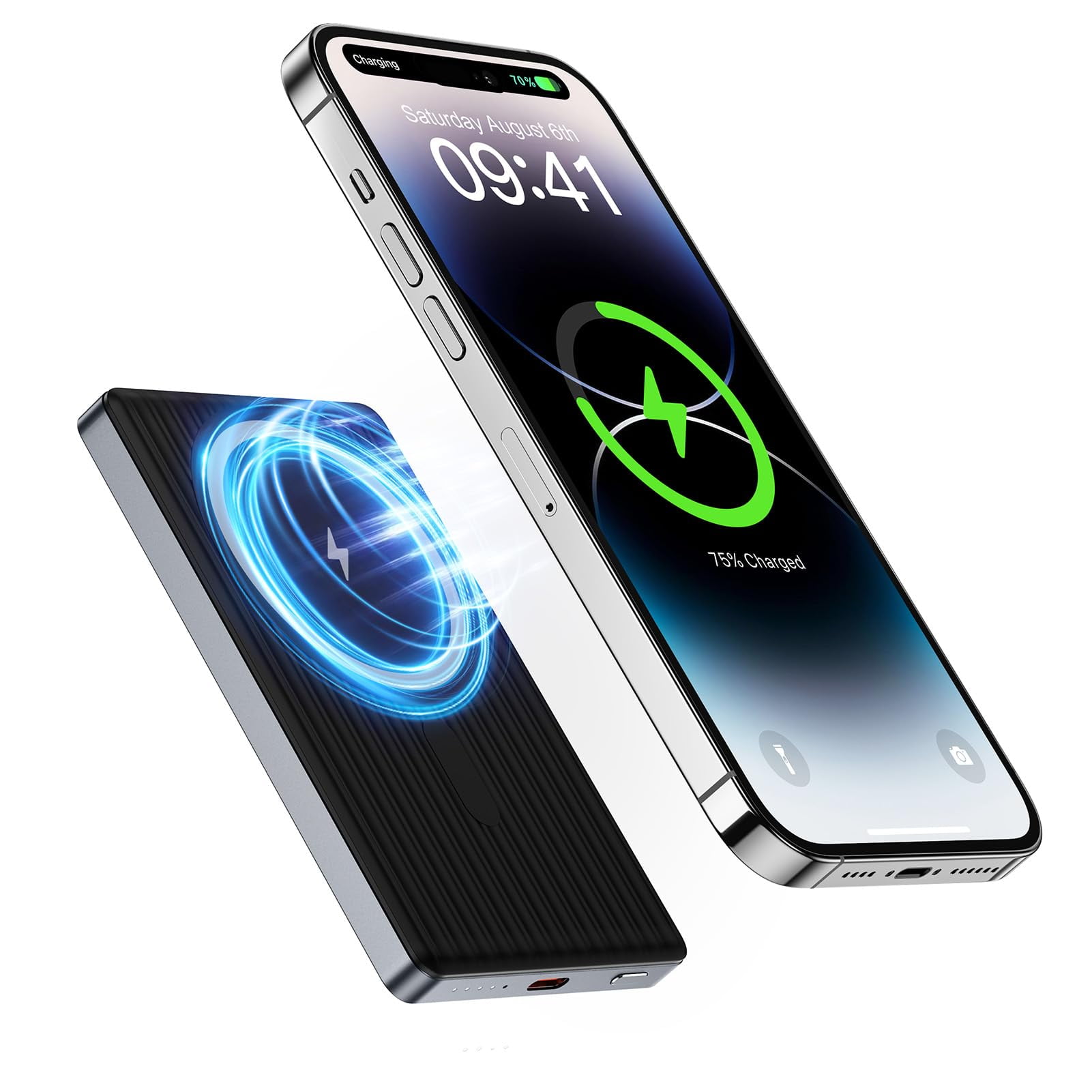 Magnetic Power Bank, 5000mAh Wireless Power Bank with USB-C Cable ...