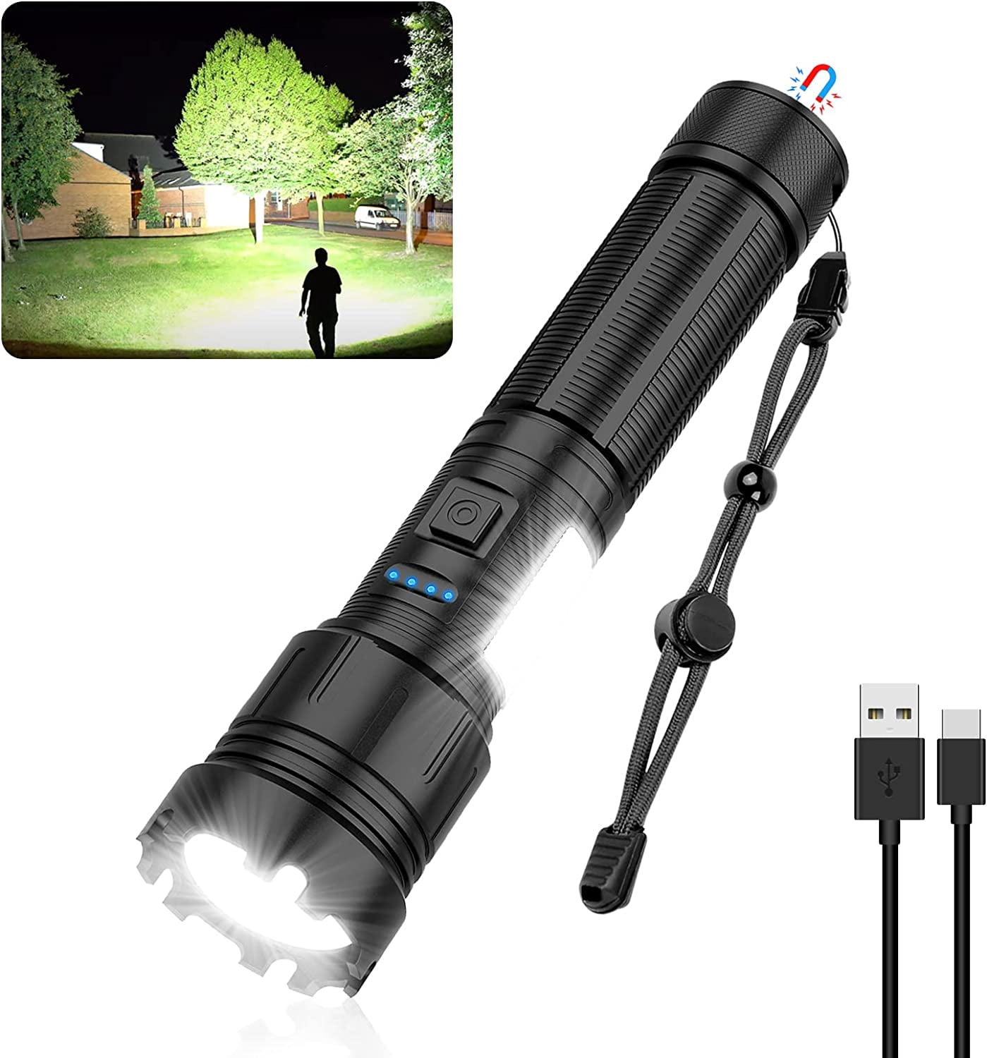 Magnetic Rechargeable Flashlight 10000 High Lumens, Super Bright LED ...