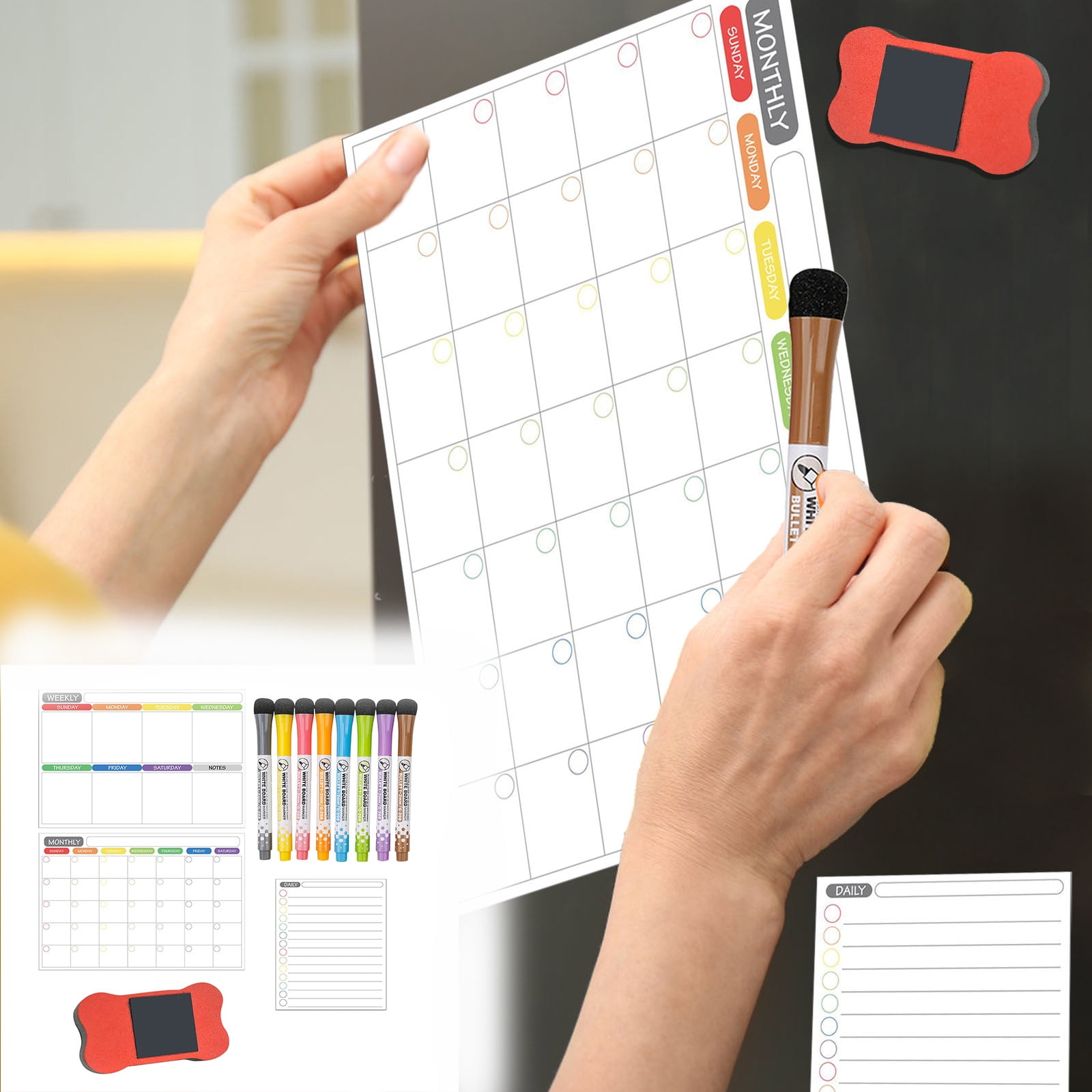 Magnetic Refrigerator Calendar Set - Erasable Monthly Weekly Planner ...