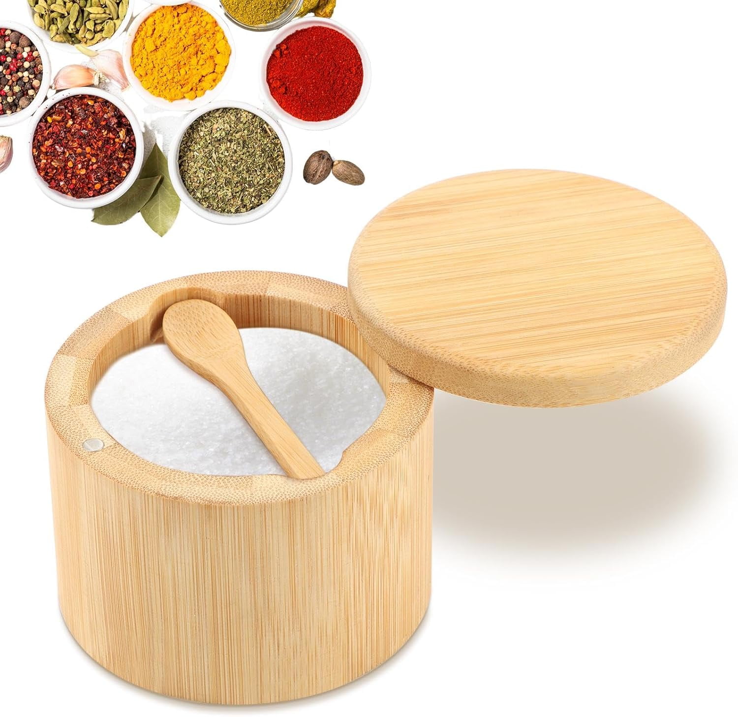 Magnetic Rotating Lid Bamboo Spice Jar with Built in Spoon, 6oz Salt ...