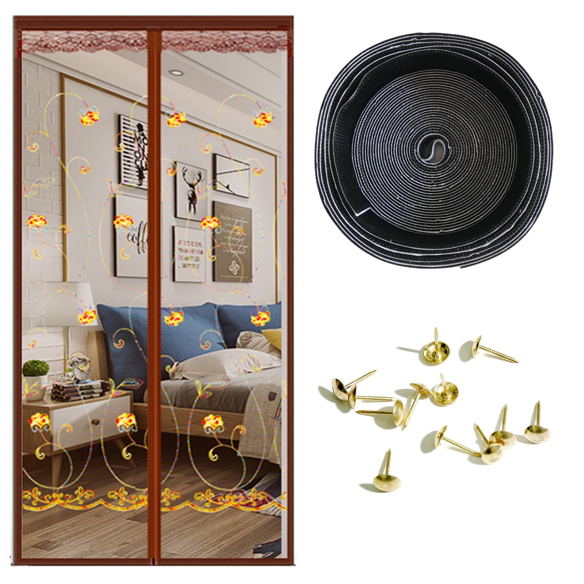 Magnetic Screen Door, Keep Bugs Out, Rose Print, Breeze In - Self-Seal Magnets, Retractable Mesh ...