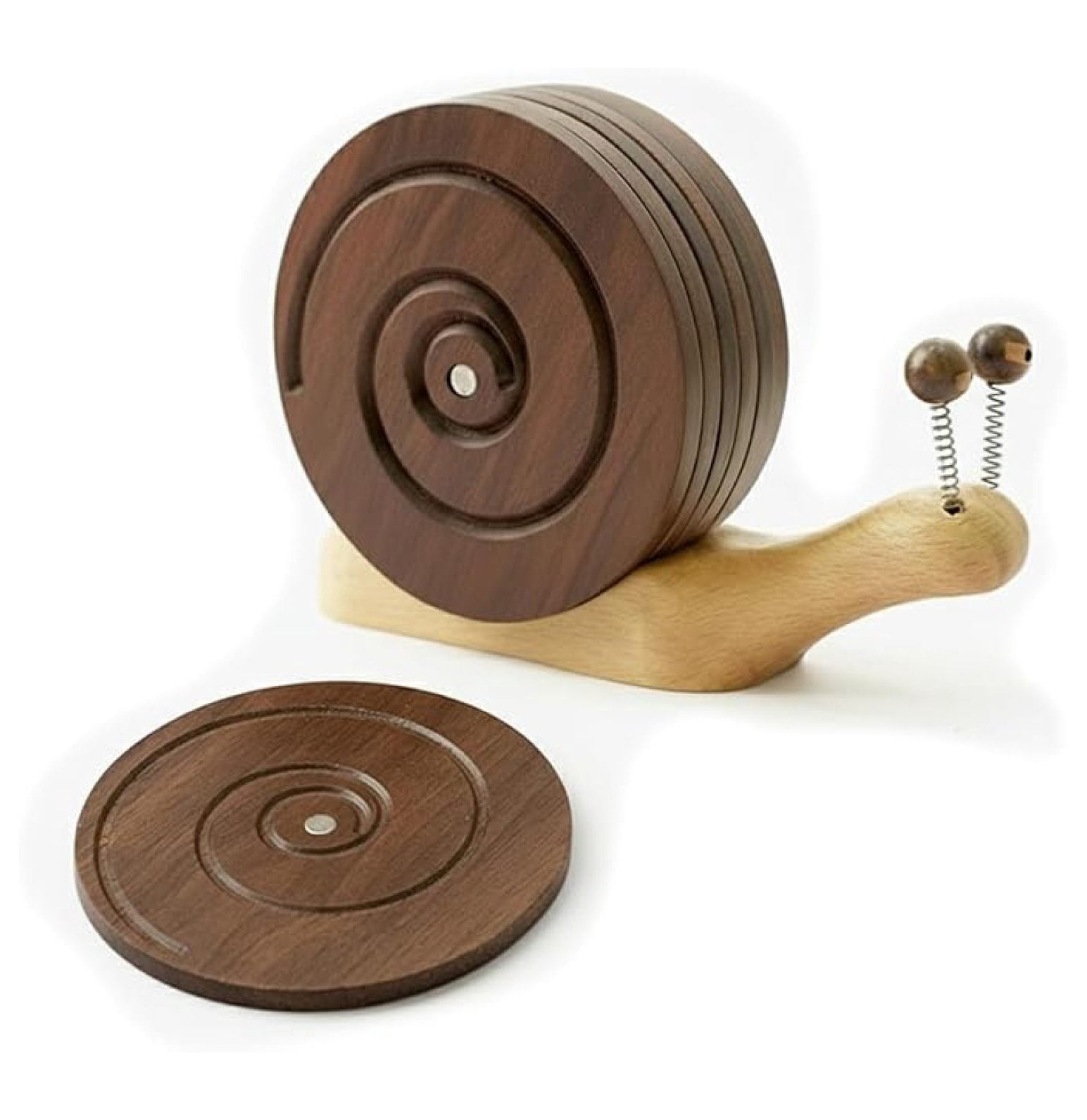 Magnetic Snail Wood Coasters for Drinks - Set of 6 Handcrafted Walnut ...