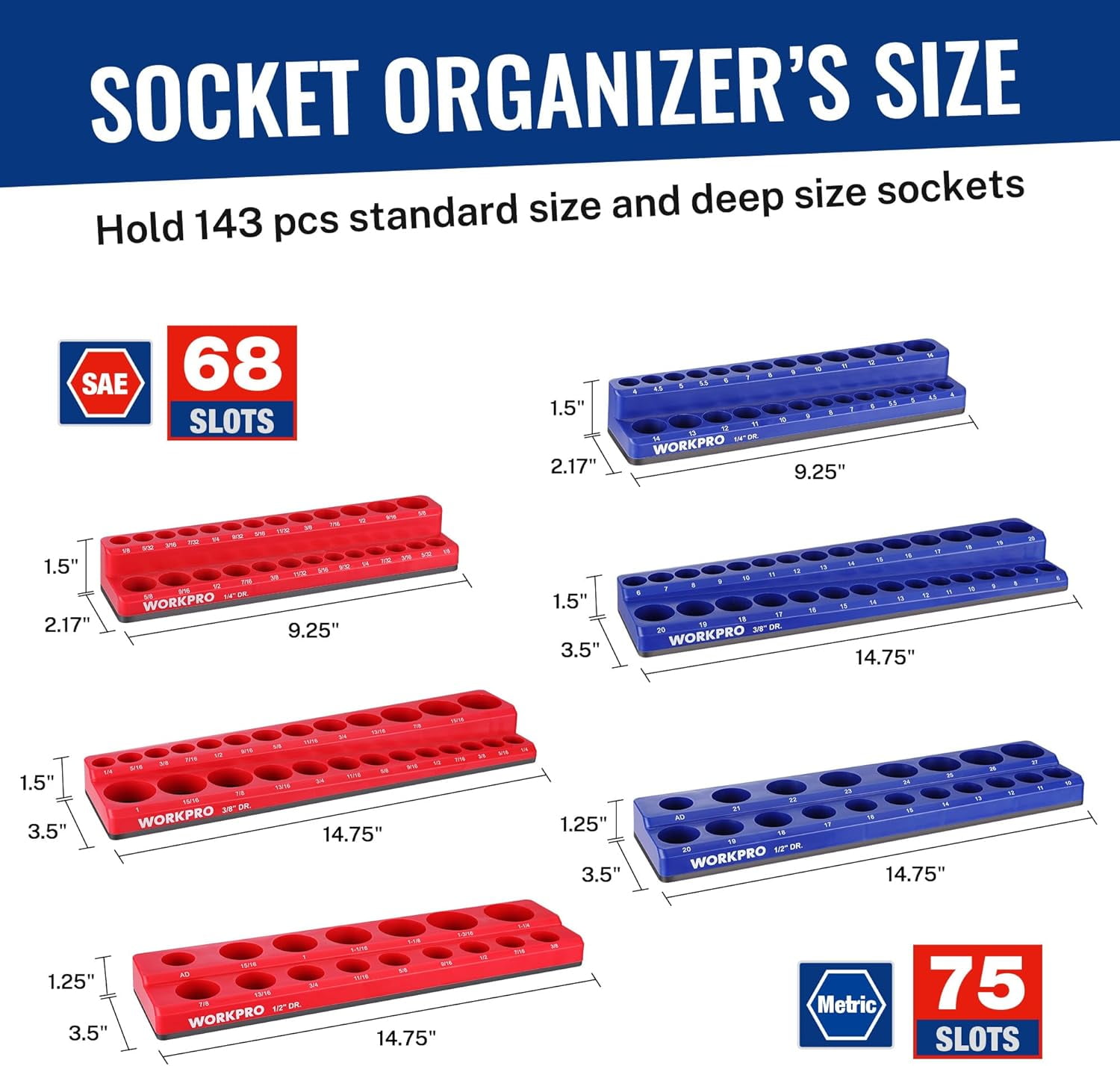 Magnetic Socket Organizer Set 1/4" 3/8" 1/2" Drive Metric SAE Storage ...
