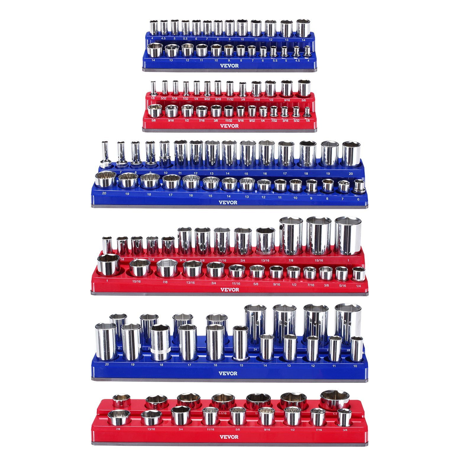Magnetic Socket Tray Set 6PCS - Metric & SAE Tool Organizer (Red/Blue ...