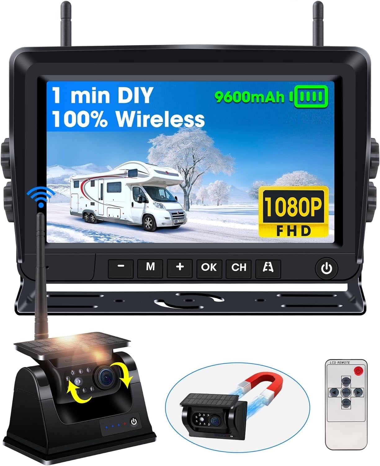 Magnetic Solar Wireless Backup Camera 7" 1080P Back Up Camera Systems ...