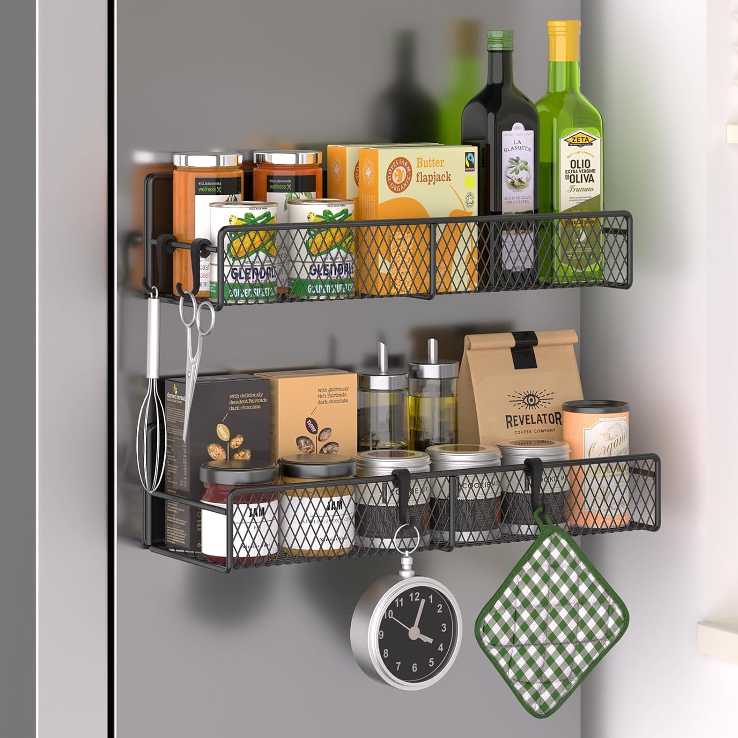 Magnetic Spice Rack for Refrigerator, 2 Pack Metal Magnetic Shelf Black ...