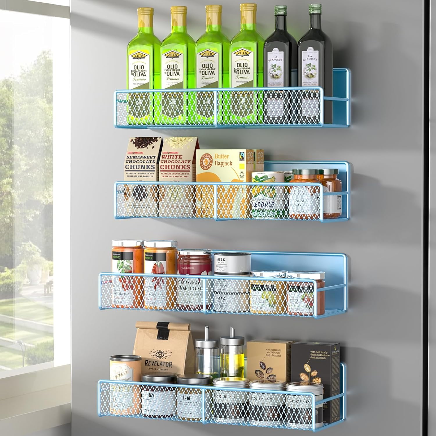 Magnetic Spice Rack for Refrigerator, 4 Pack Metal Magnetic Shelf Blue ...