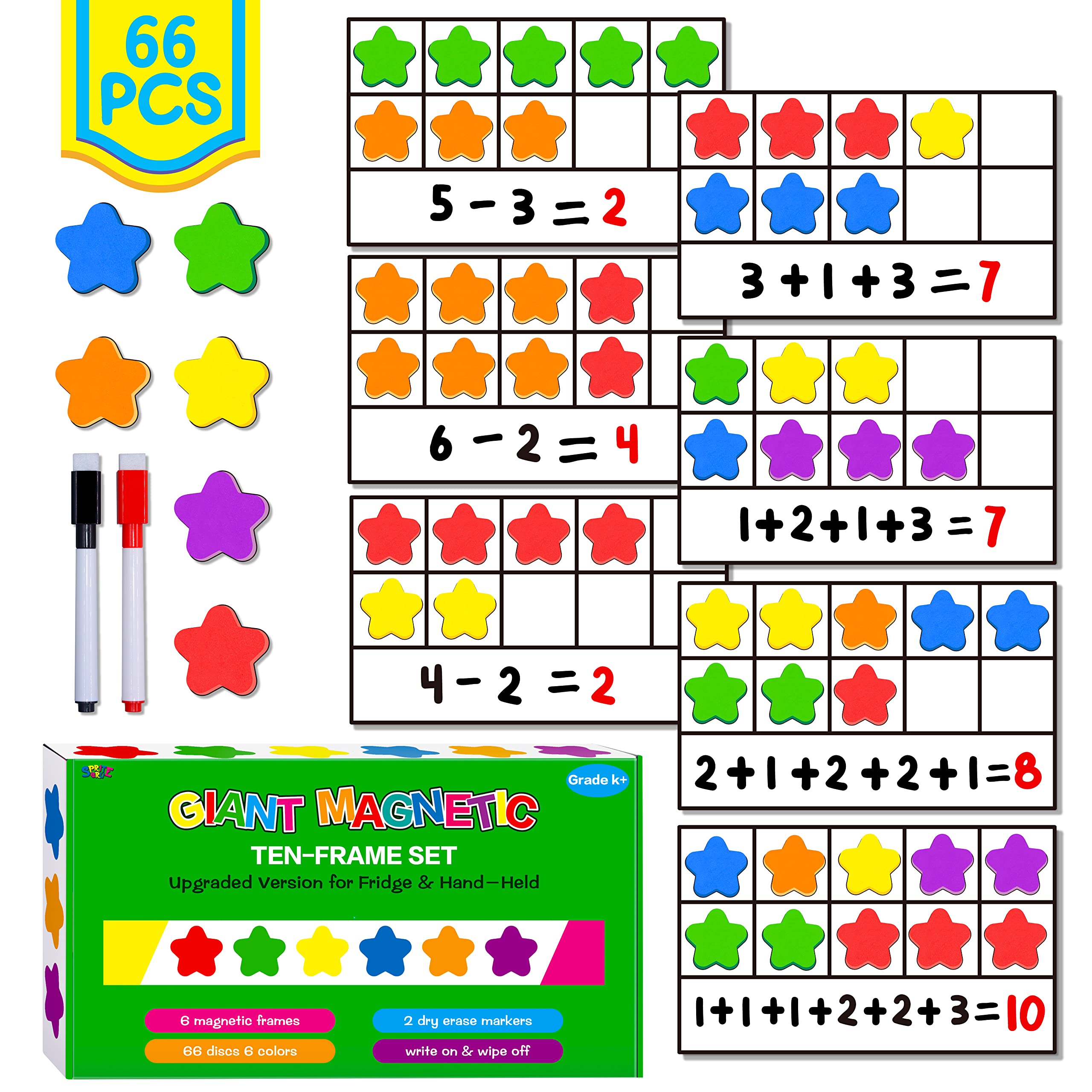 Magnetic Ten-Frame Set, 6 SSF20 Frames & 66 Colorful Star-Shaped Counters Ten Frame Math Games ...
