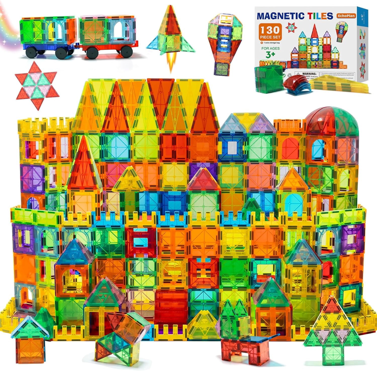 Magnetic Tiles, 130PCS Magnetic Blocks with 2 Cars, Magnet Tiles 3D ...