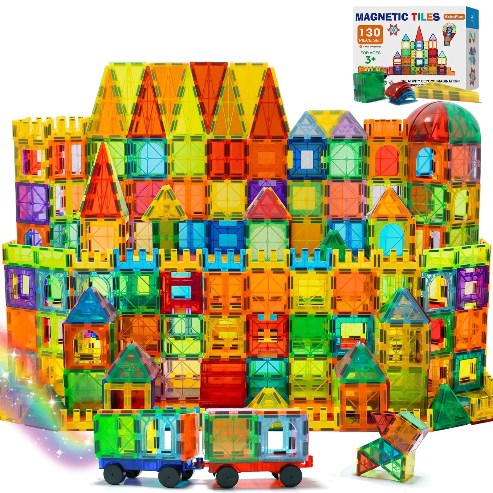 EchoPlan Magnetic Tiles, 130PCS with 2 Cars, STEM Educational Building ...