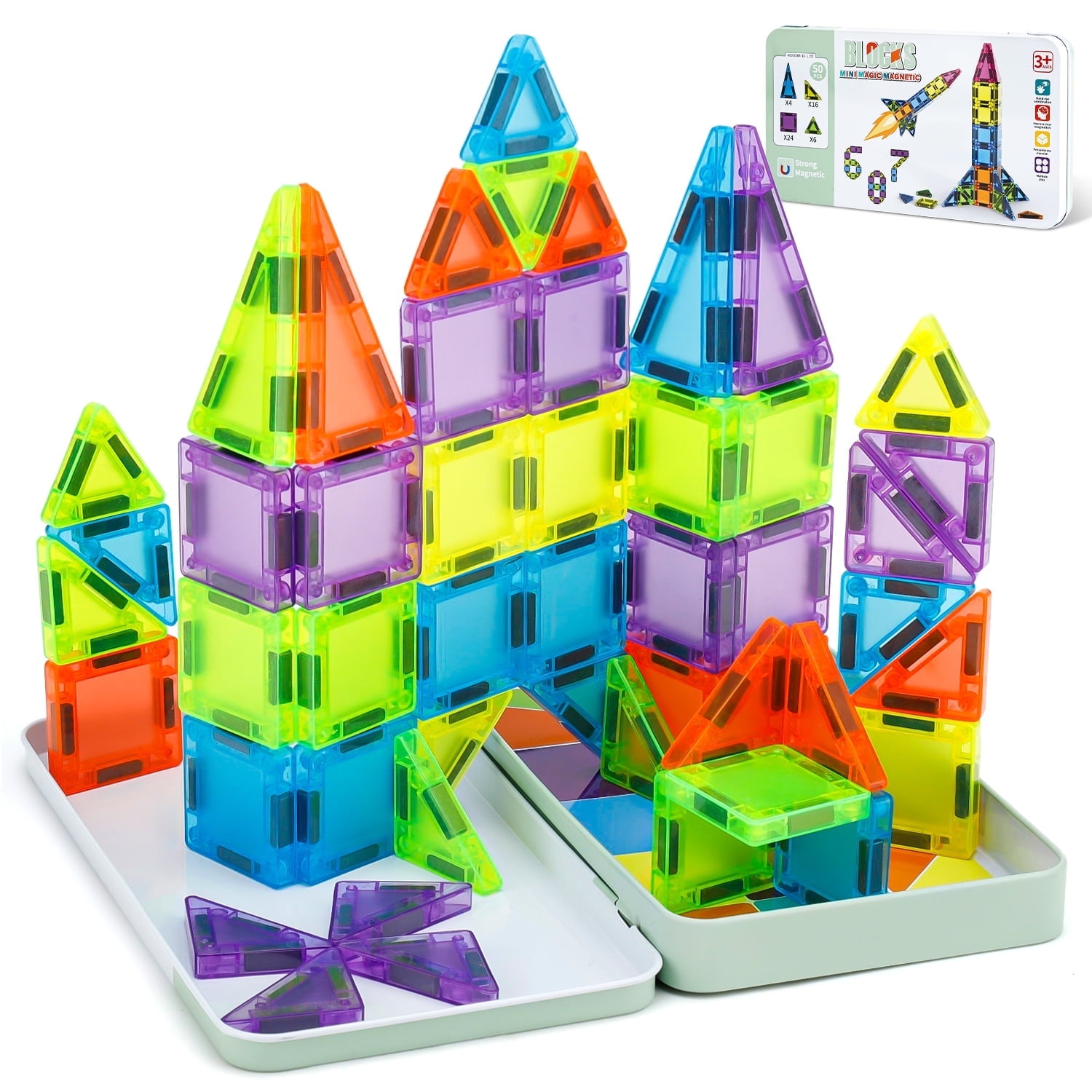Askmuse 50PCS Magnetic Blocks Building Set, Magnet Tiles for Toddlers ...