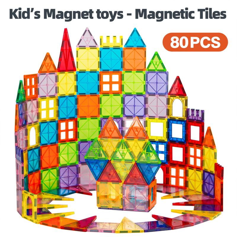 Magnetic Tiles - 80PCS Magnet Tiles Clear Magnetic 3D Building Blocks, Magnetic Construction Set ...