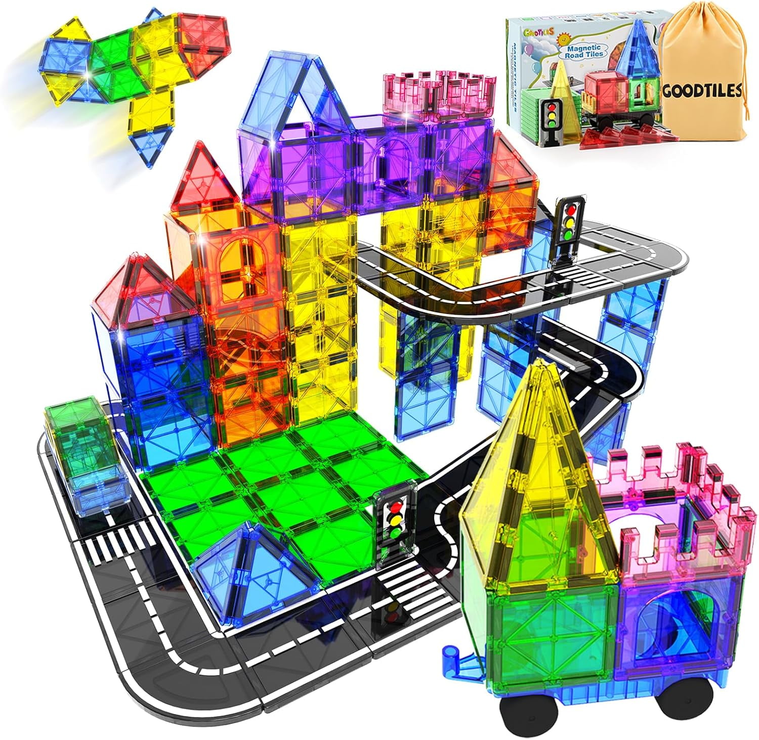 Magnetic Tiles Road Expansion Set, STEM Magnetic Building Blocks for Kids Ages 3-5 4-8 5-7 ...