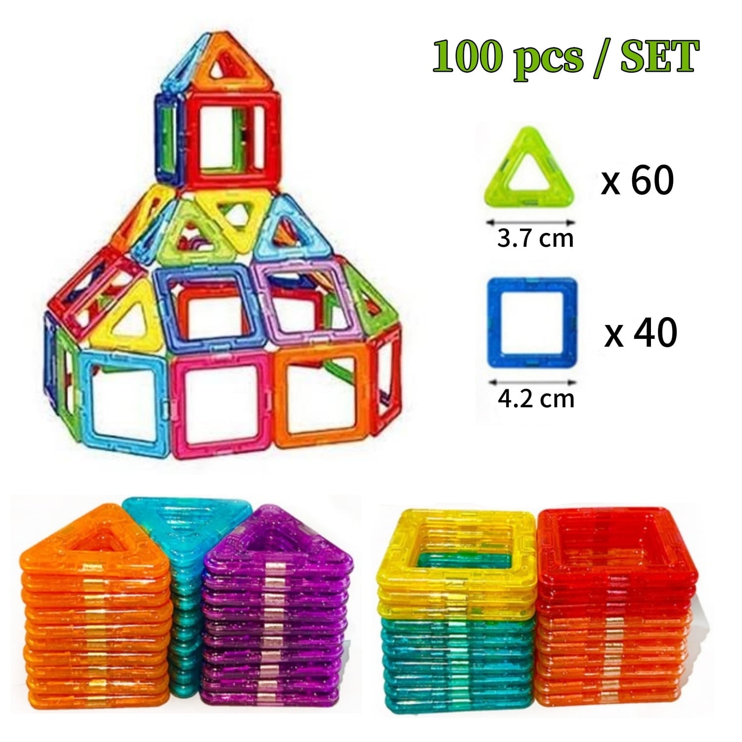 Magnetic Tiles Set - 100 Pcs Magnetic Blocks Toys for 3 4 5 6 7 8+ Year ...