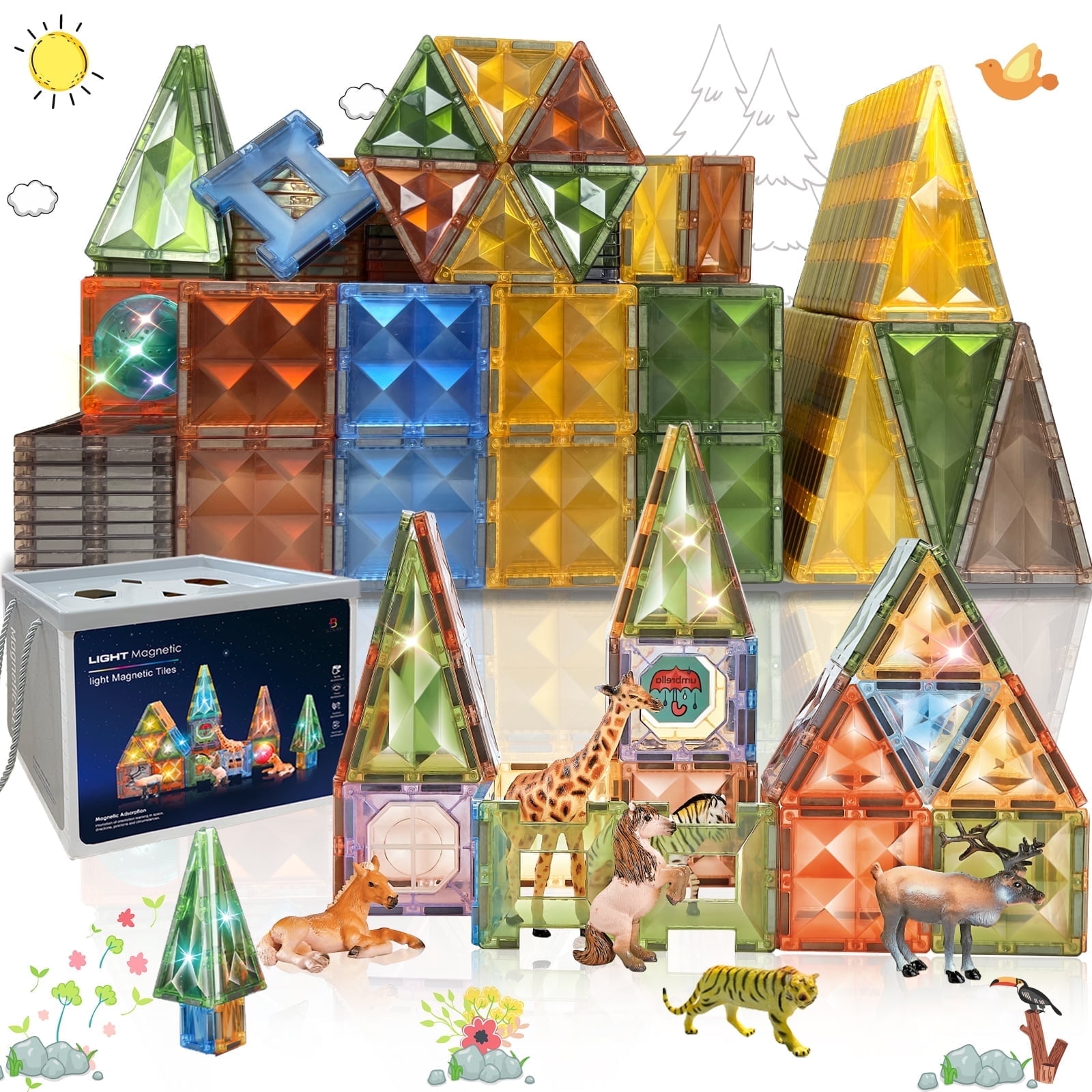 Magnetic Tiles with 7 Farm Animals & Light-Up Effects Building Blocks ...